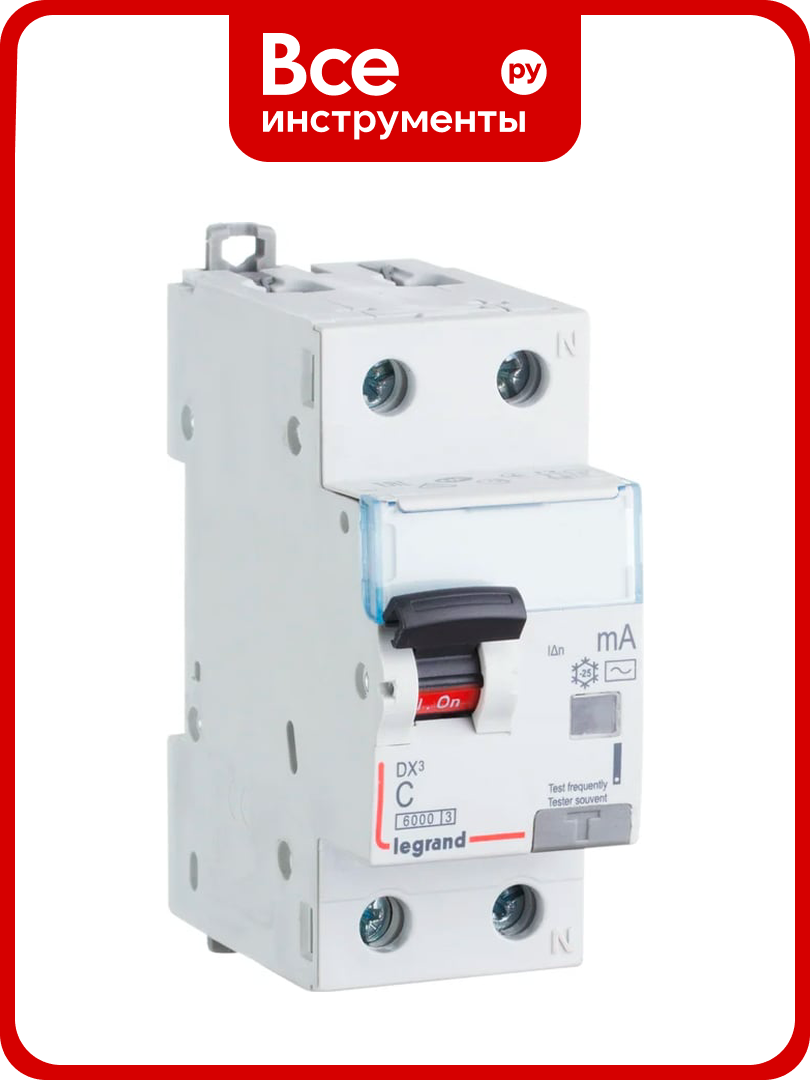 Автоматический выключатель дифференциального тока Legrand DX³ 6000 - 10 кА - тип характеристики С - 1П+Н - 230 В~ - 3 А - тип AС - 30 мА - 2 модуля 410997