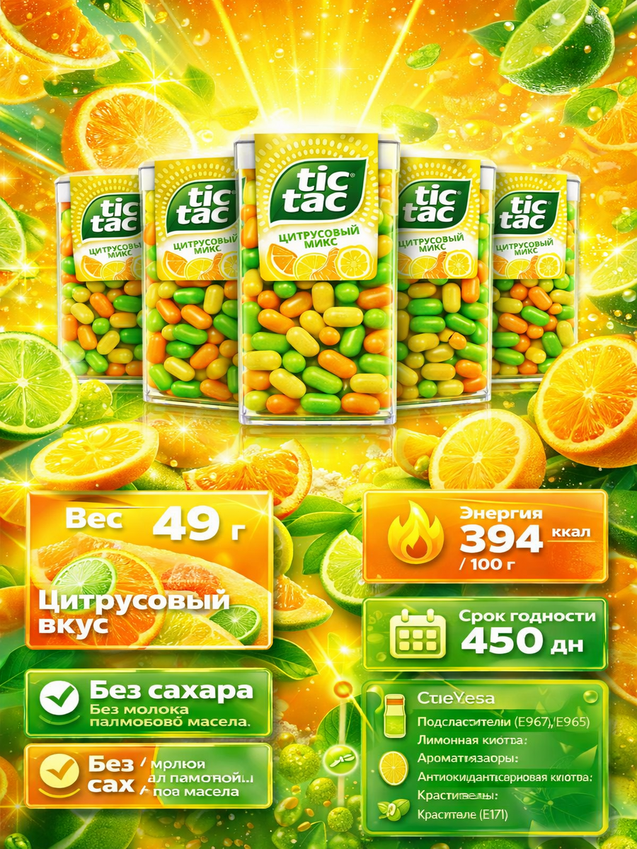Драже Tic Tac цитрусовый микс, 49г x 5 упаковок