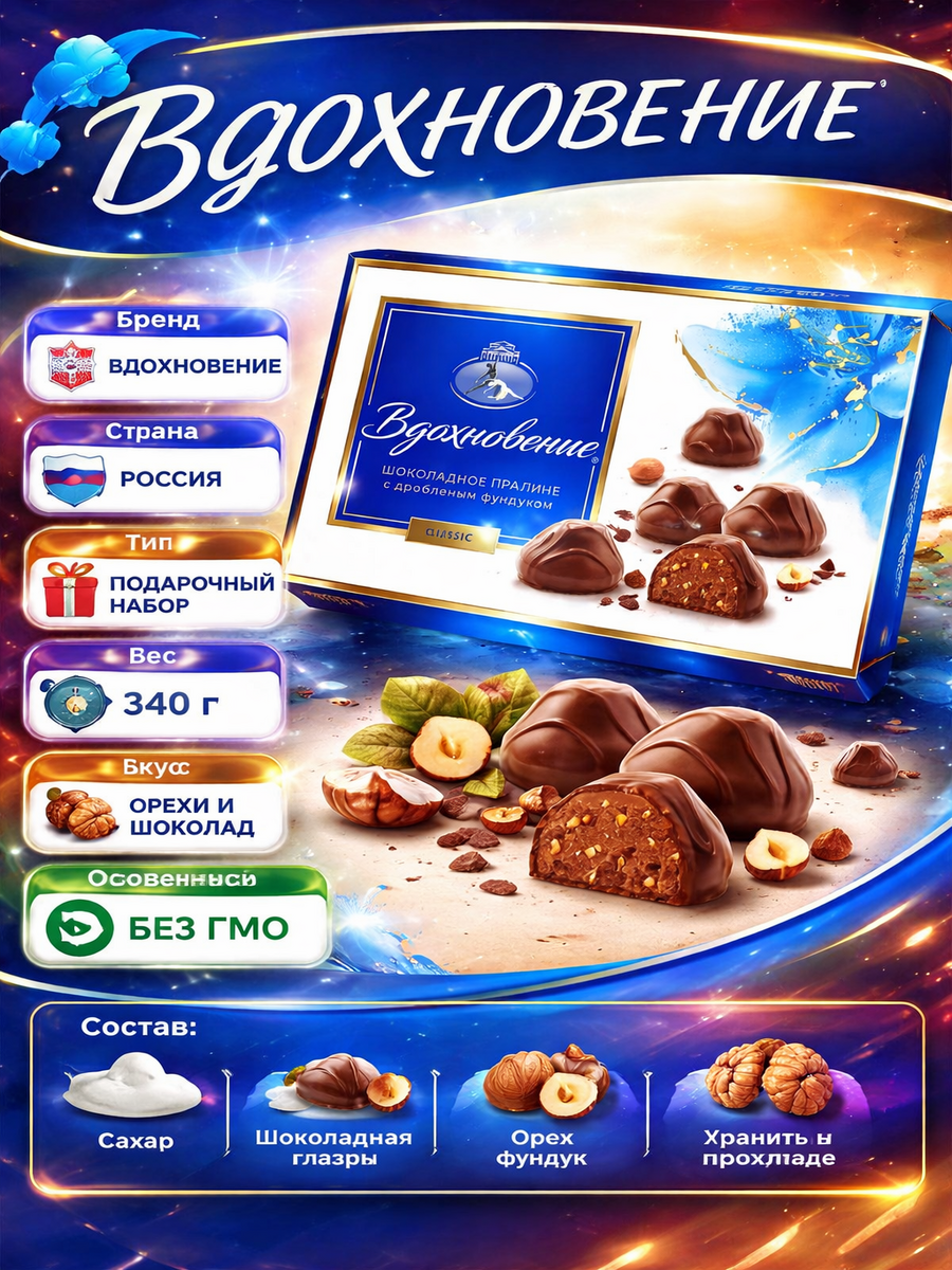 Конфеты Вдохновение с дробленым фундуком, 340г
