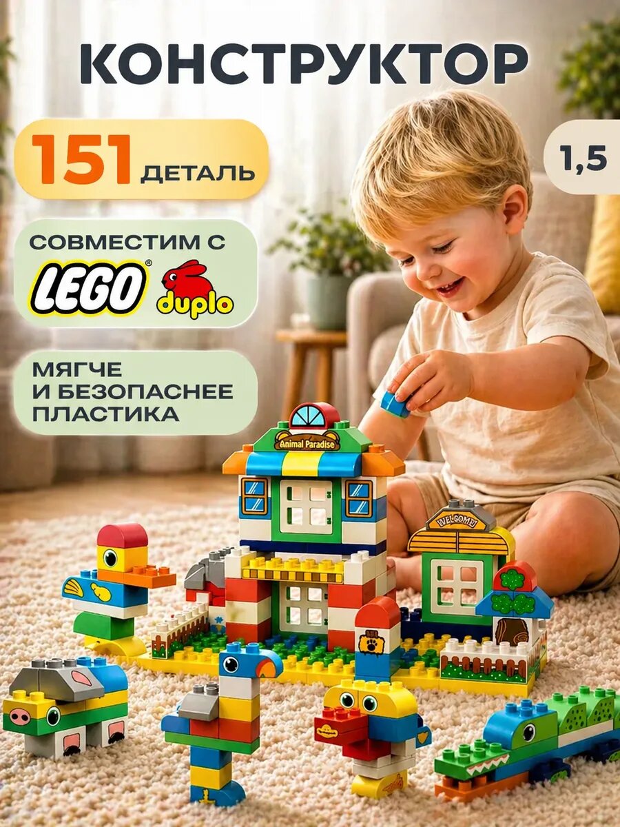 Гибкий конструктор "Крупные Детали для Малышей", мягкий, 151 деталь, для малышей, совместим с Lego Duplo