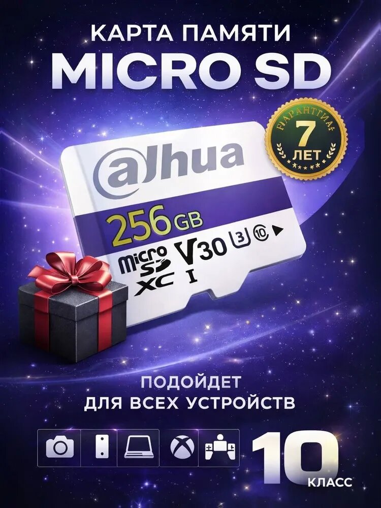 Карта памяти micro sd 256gb 10 класс для телефона / видеорегистратора / камеры видеонаблюдения