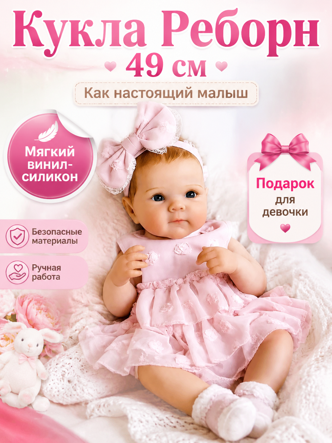 Кукла как настоящий ребенок 49 см, реборн для переодевания и ухода