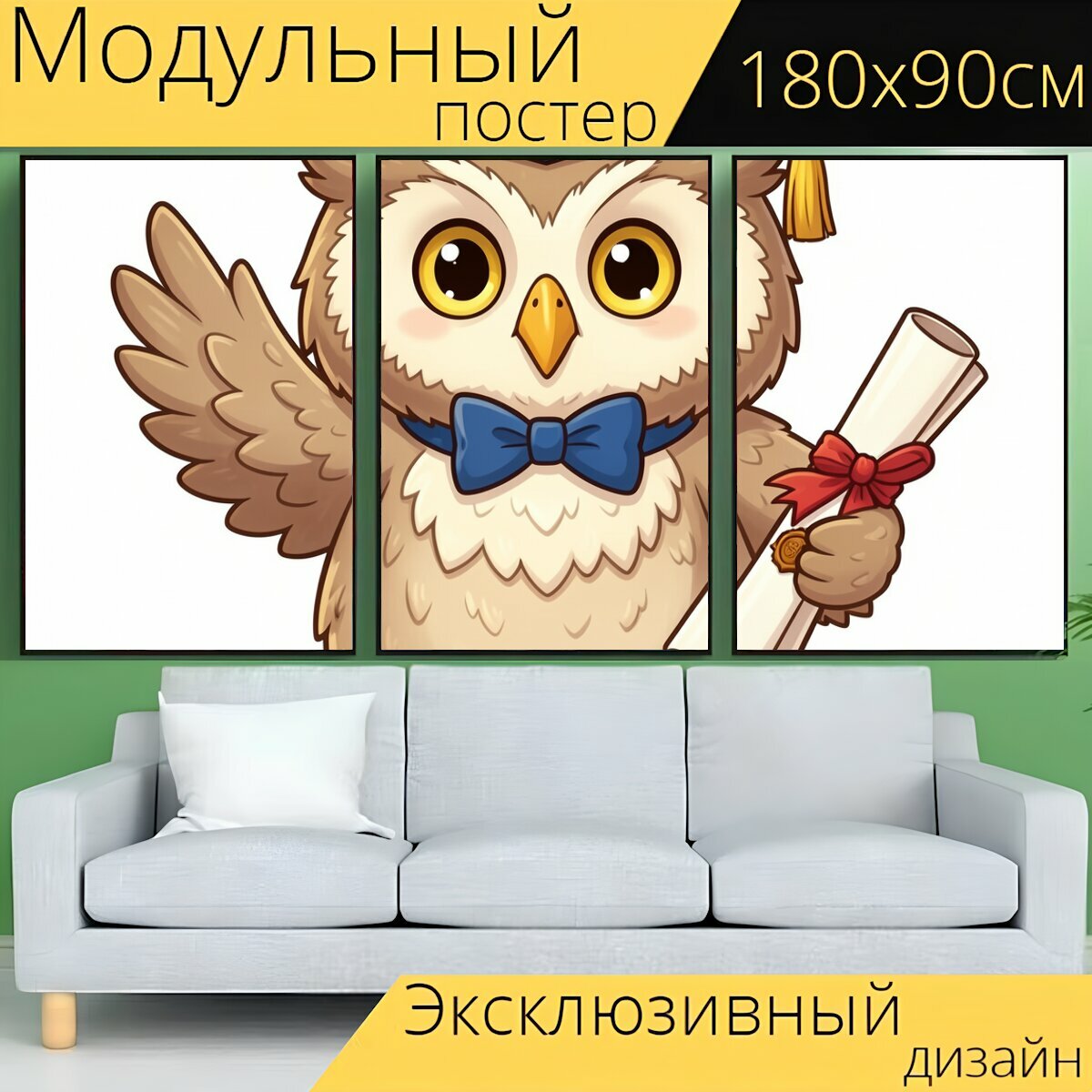 Модульный постер "Совенок с дипломом и колпаком. Милый мультяшный филин в выпускном головном уборе держит свиток с красной лентой." 180 x 90 см. для интерьера на стену в тубусе