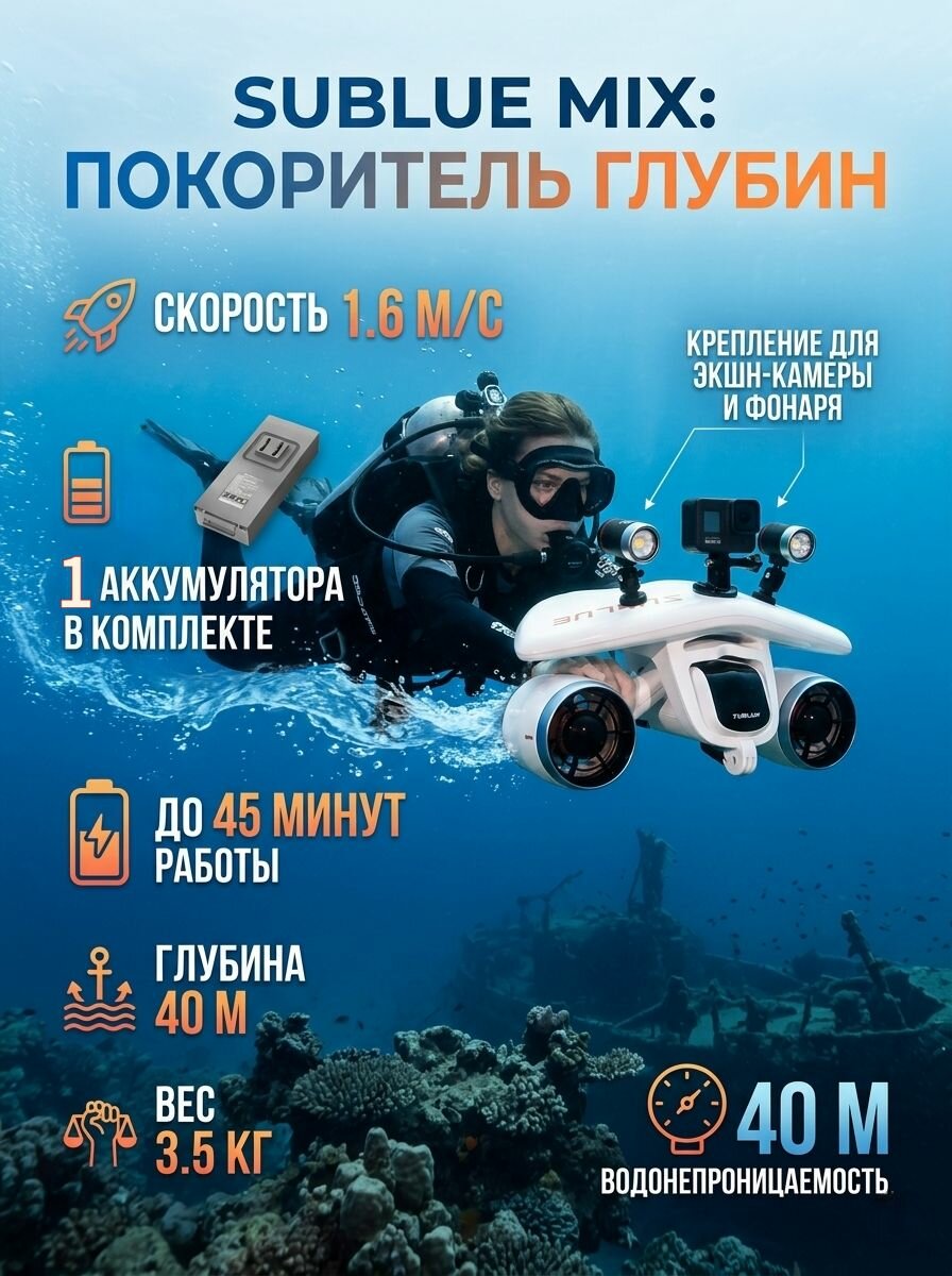 Sublue Mix2026 портативный подводный буксировщик для дайвинга с автономностью до 90 минут