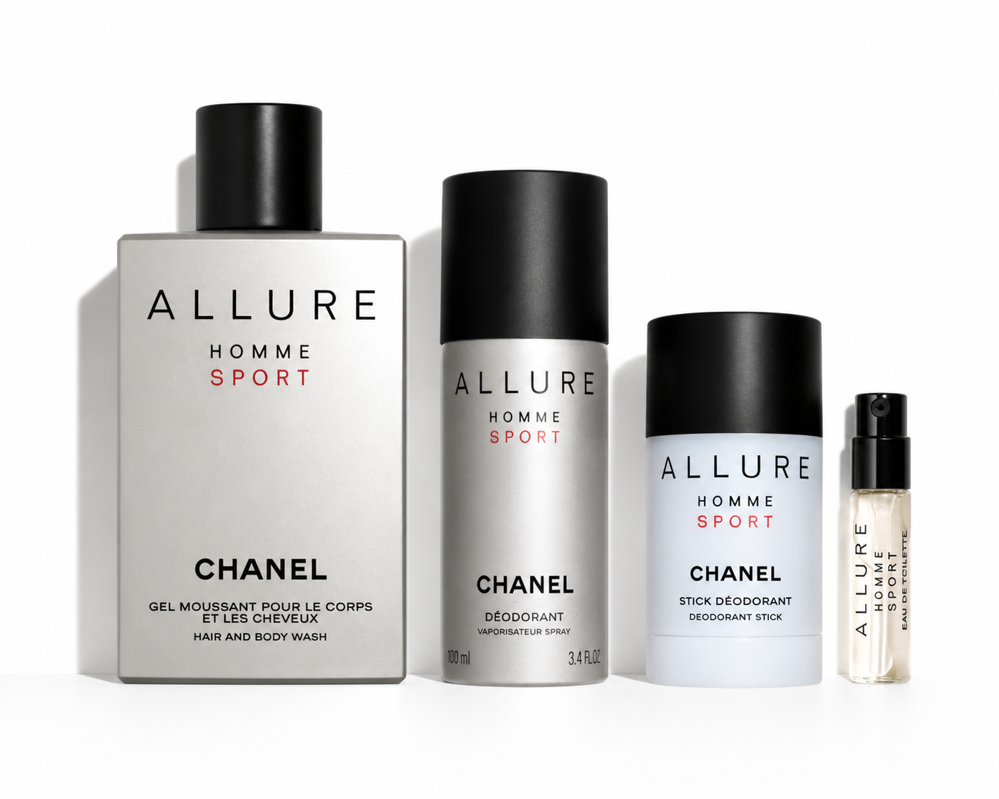 Набор Chanel, Allure Homme Sport, Гель для душа 200 мл Дезодорант спрей 100 мл Дезодорант стик 75 и пробник 1,5 мл