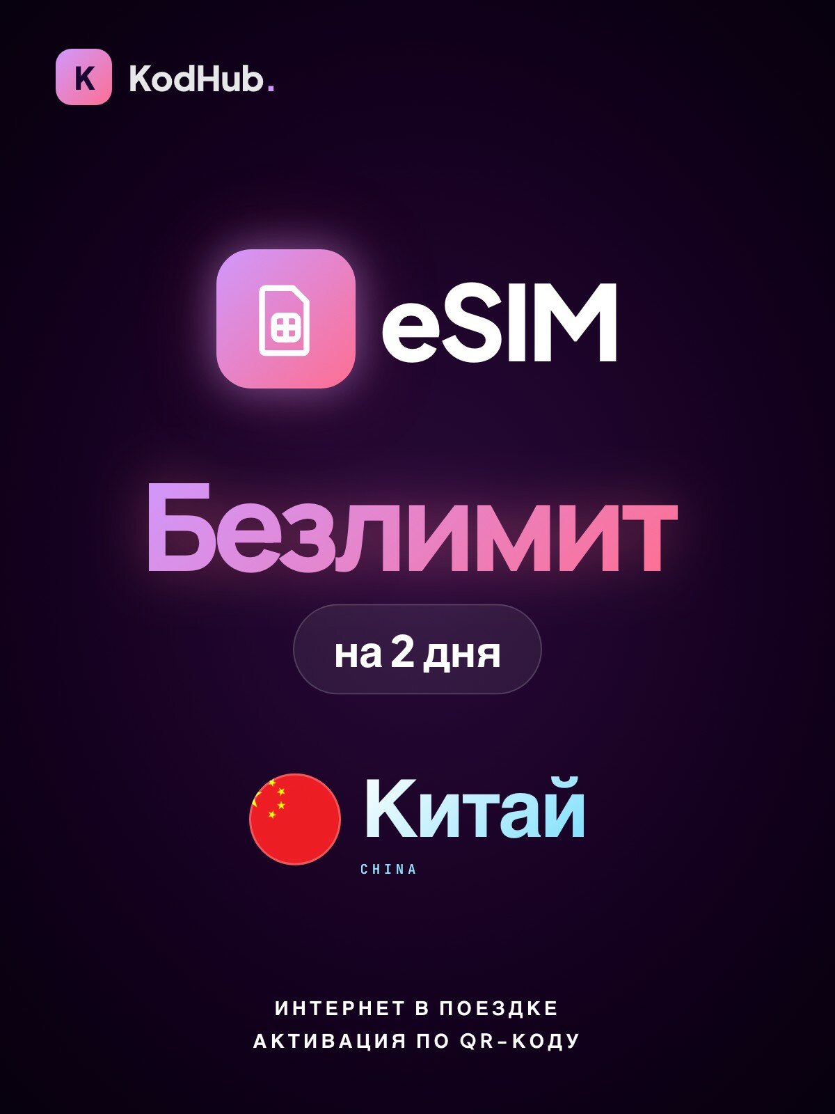 Туристическая eSIM Китай безлимит на 2 дня | интернет в поездке, связь за границей | QR-код активации