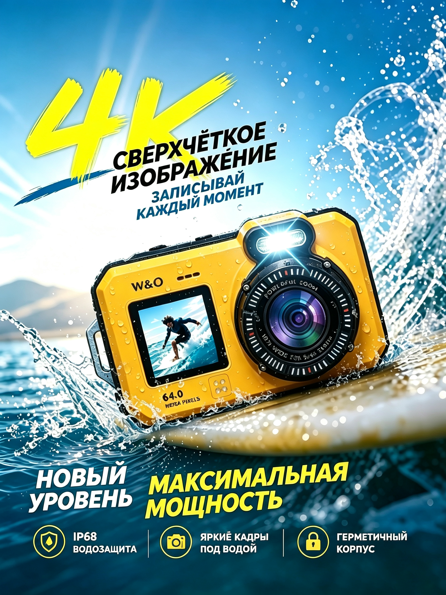 Цифровой фотоаппарат, UHD4K, 32 ГБ, запись видео, водозащита,2500 мАч