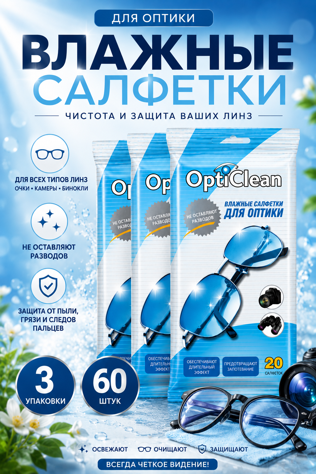 Влажные салфетки для оптики OptiClean, 20 шт, набор из 3-х упаковок