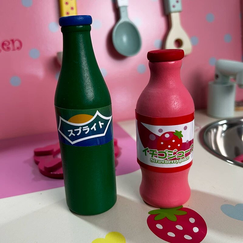 Комплект деревянных симуляций колы Sprite и клубничного сока для детской кухни, безопасные бутылки для напитков,