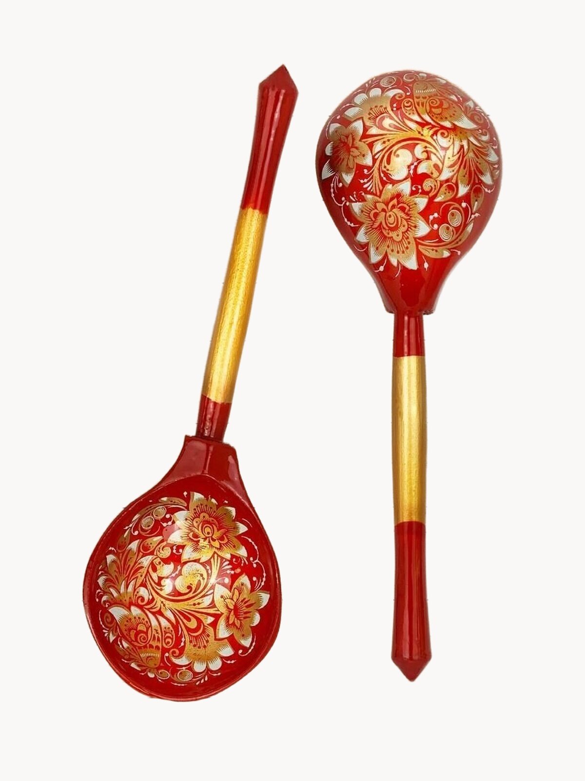 Ложки деревянные музыкальные, столовые, народные музыкальные инструменты, ручная авторская роспись, красные, 2 шт.