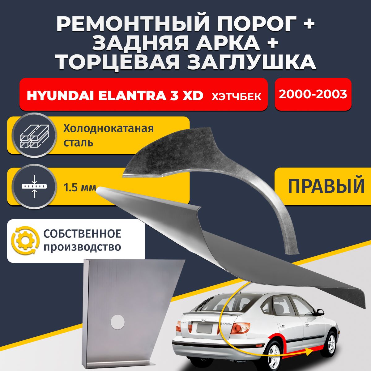 Правая задняя ремонтная арка (0,8 мм) и правый стандартный ремонтный порог (1,5 мм) + торцевая заглушка (1,5 мм) на Hyundai Elantra 3 XD хэтчбек 5 дверей (Хендай Элантра ХД). Холоднокатаная сталь