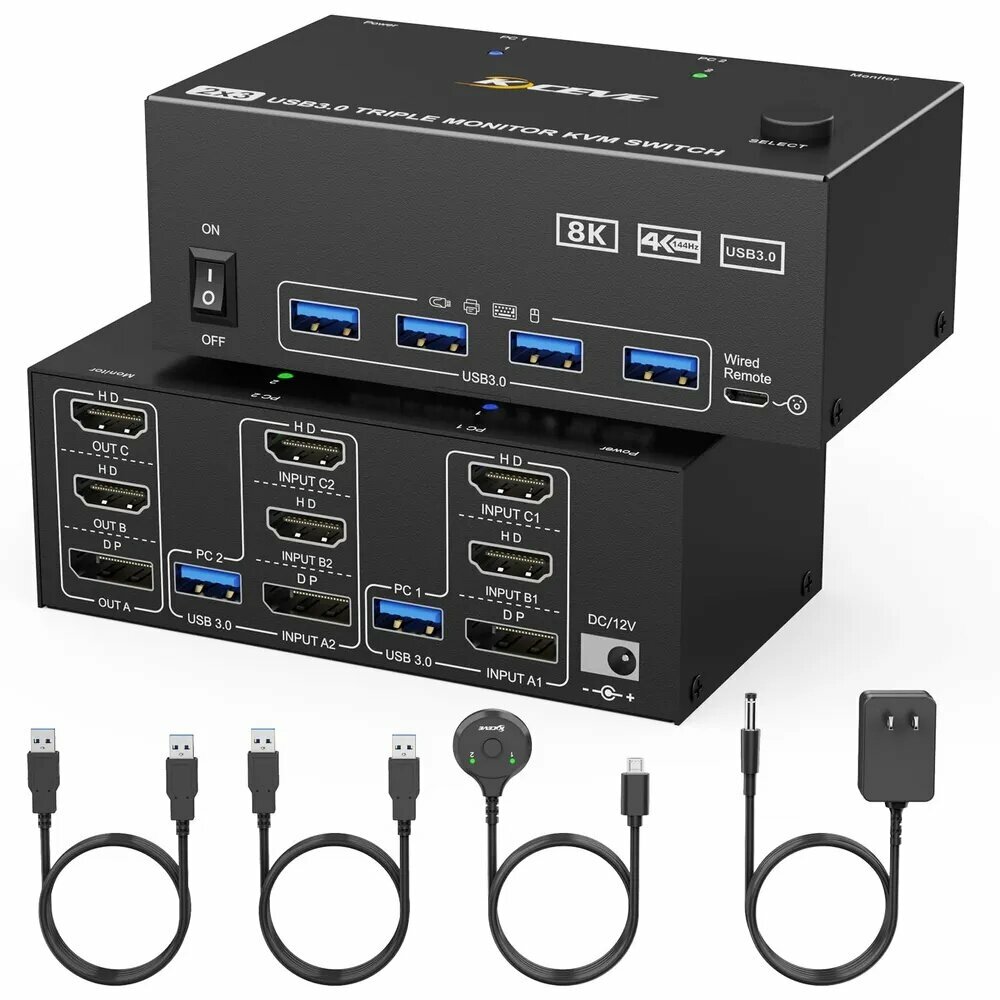 Трехмониторный переключатель KVM 8K@60Hz 4K@144Hz