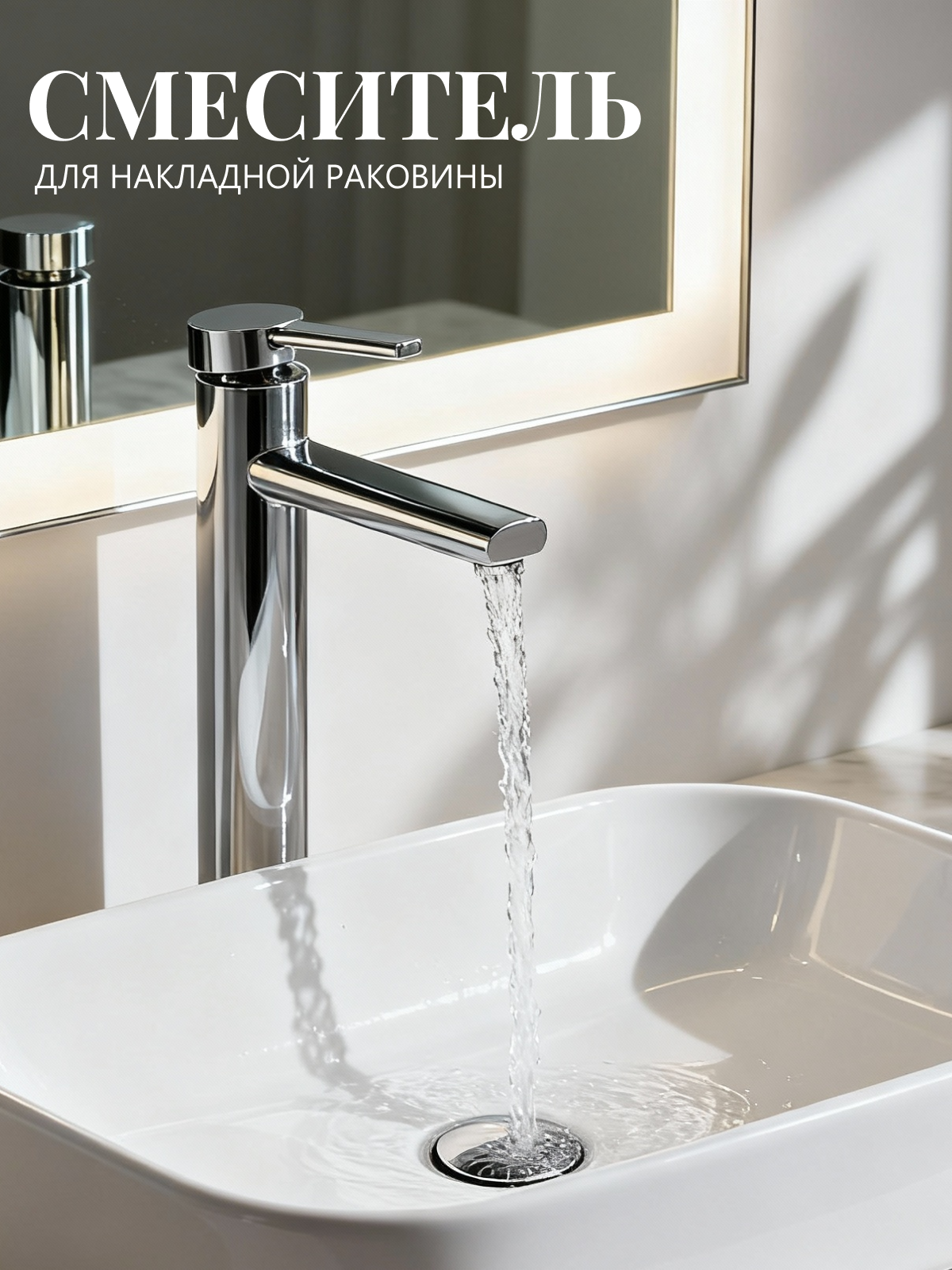 Высокий смеситель для накладной раковины, нержавеющая сталь хром