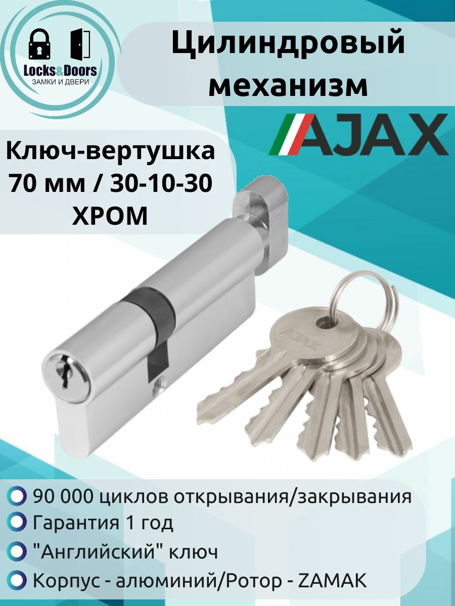 Цилиндровый механизм (личинка замка) Ajax (Аякс) AX102/70 mm (30+10+30) CP хром