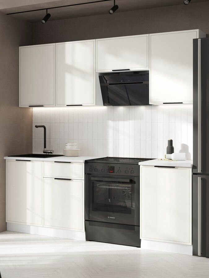 Кухонный гарнитур 2,1м (490) Николь холст белый, белый со столешницей, МИФ