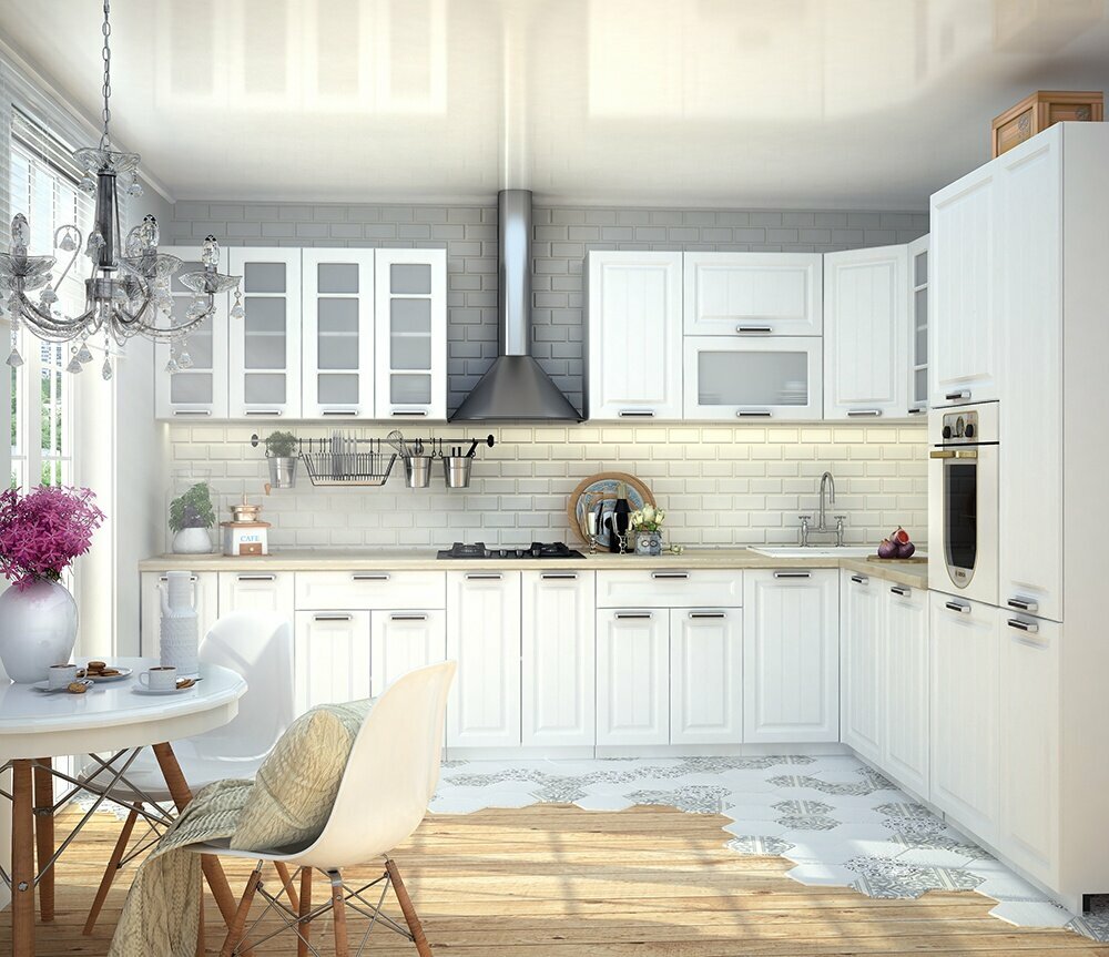 Кухонный гарнитур Прага-С 3400*2400 Белое дерево МДФ угловая высота 214 см