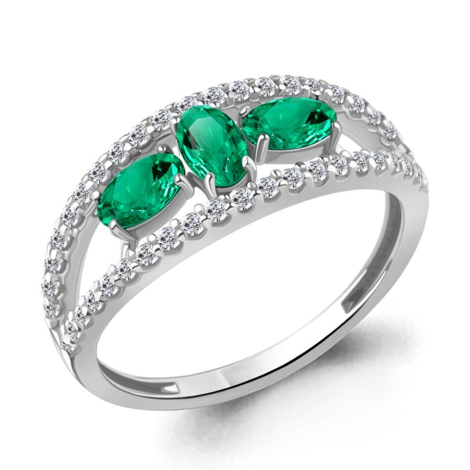 Кольцо, серебро, 925 проба, изумруд синтетический, фианит