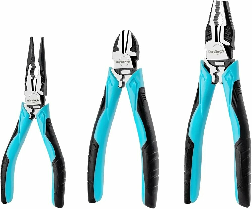 DURATECH Набор плоскогубцев из 3 предметов из углеродистой стали с мягкими рукоятками: длинногубцы 160 мм, кусачки 160 мм, универсальные плоскогубцы 200 мм