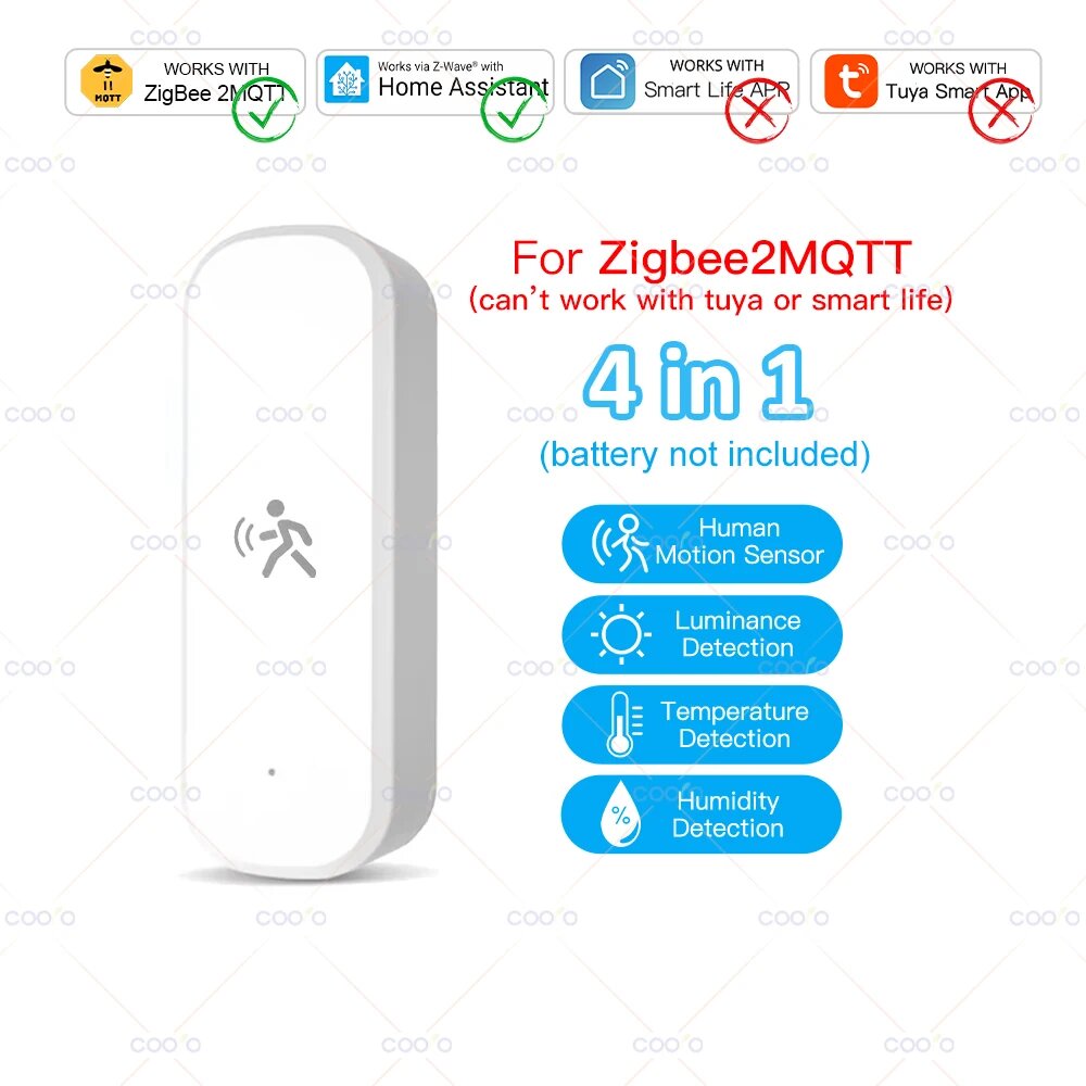 Умный датчик движения Tuya Zigbee Zigbee2MQTT 4 IN 1