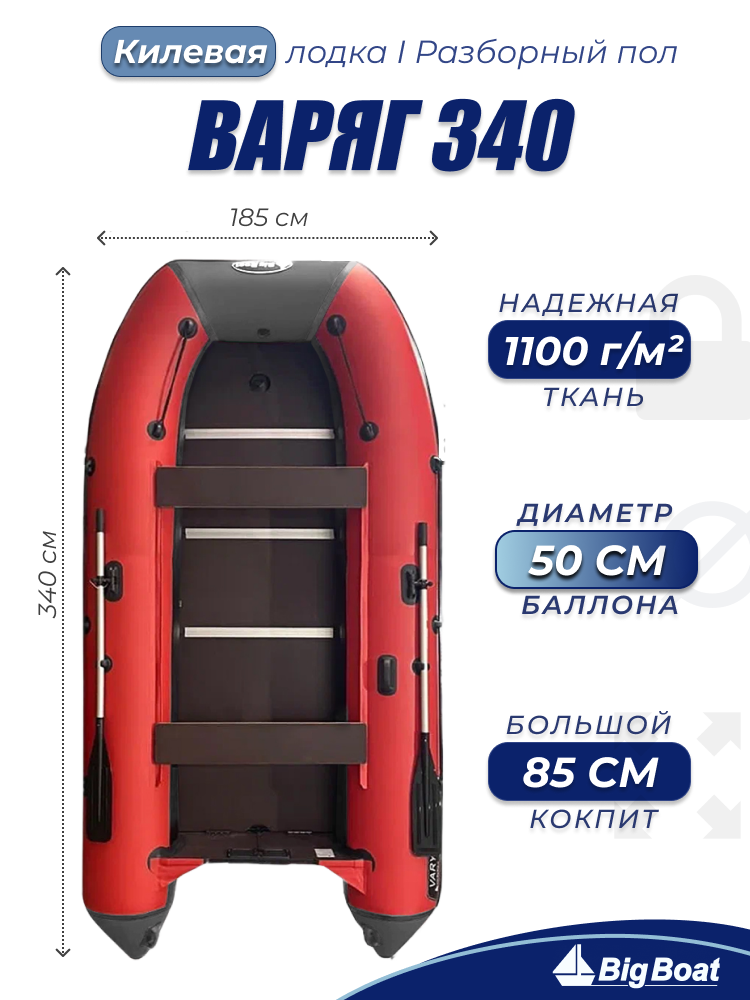 Надувная, под мотор, килевая лодка из ПВХ для рыбалки Varyag (Варяг) 340К пол-книжка