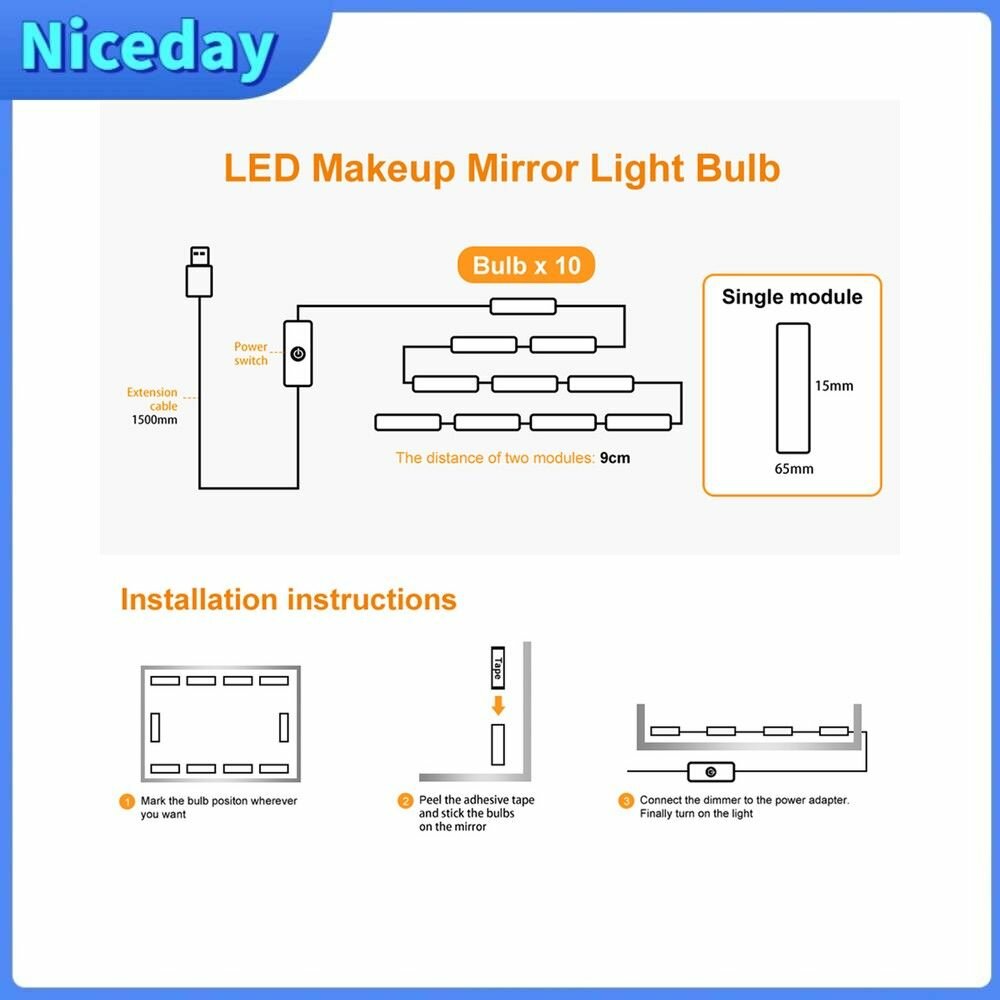 10 лампочек для зеркала макияжа, мягкий свет, USB, плавное затемнение