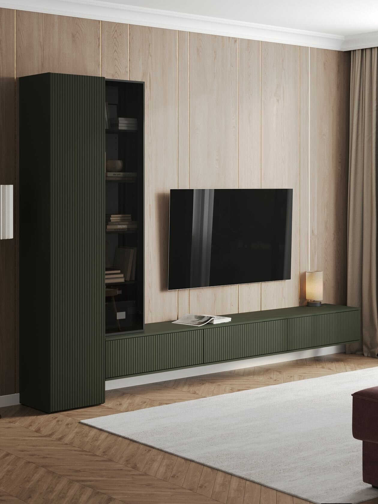 Гостиная комплект Амели, тумба под телевизор 2 шт, шкаф-витрина, шкаф-пенал, 314.5х41.6х231 см, Оливковый базальт