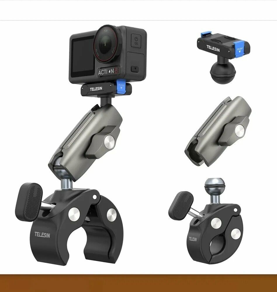 Крепление TELESIN Super Clamp Велосипедное крепление для DJI Osmo 360/Action 5 Pro/Action 5/Action 4/Pocket 3 Магнитный зажим с двойной блокировкой Шаровая головка с поворотом на 360