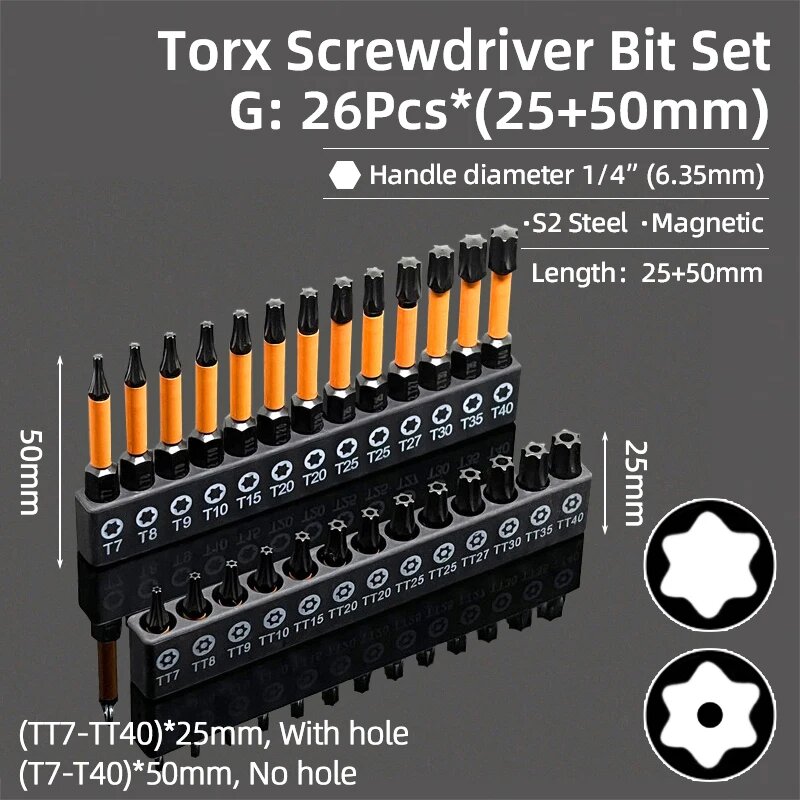 Набор Torx бит 26шт 25/50мм, 1/4", S2 сталь, магнитные