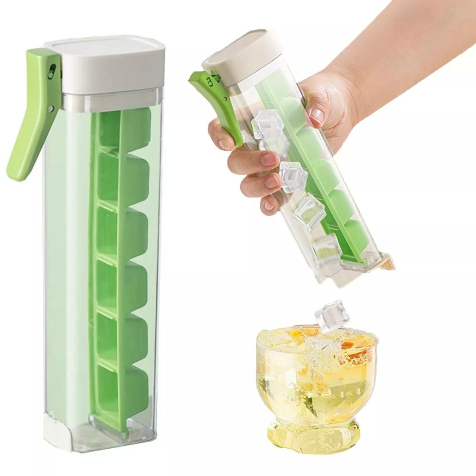 Ice Cube Tray 2024 6 Cells Green/Orange One Handed Deicing Pressing Ice Lattice With Lid 6 Holes Press Type Molds Easy Release PC+PP 115g 21.3x4.3x8.1cm 1 Piece