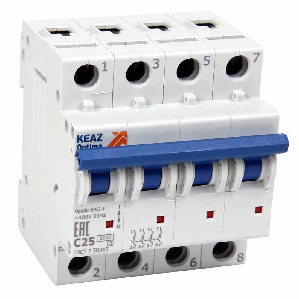 Выключатель автоматический КЭАЗ четырехполюсный, номинальный ток 25 А, характеристика С, отключающая способность 6 кА