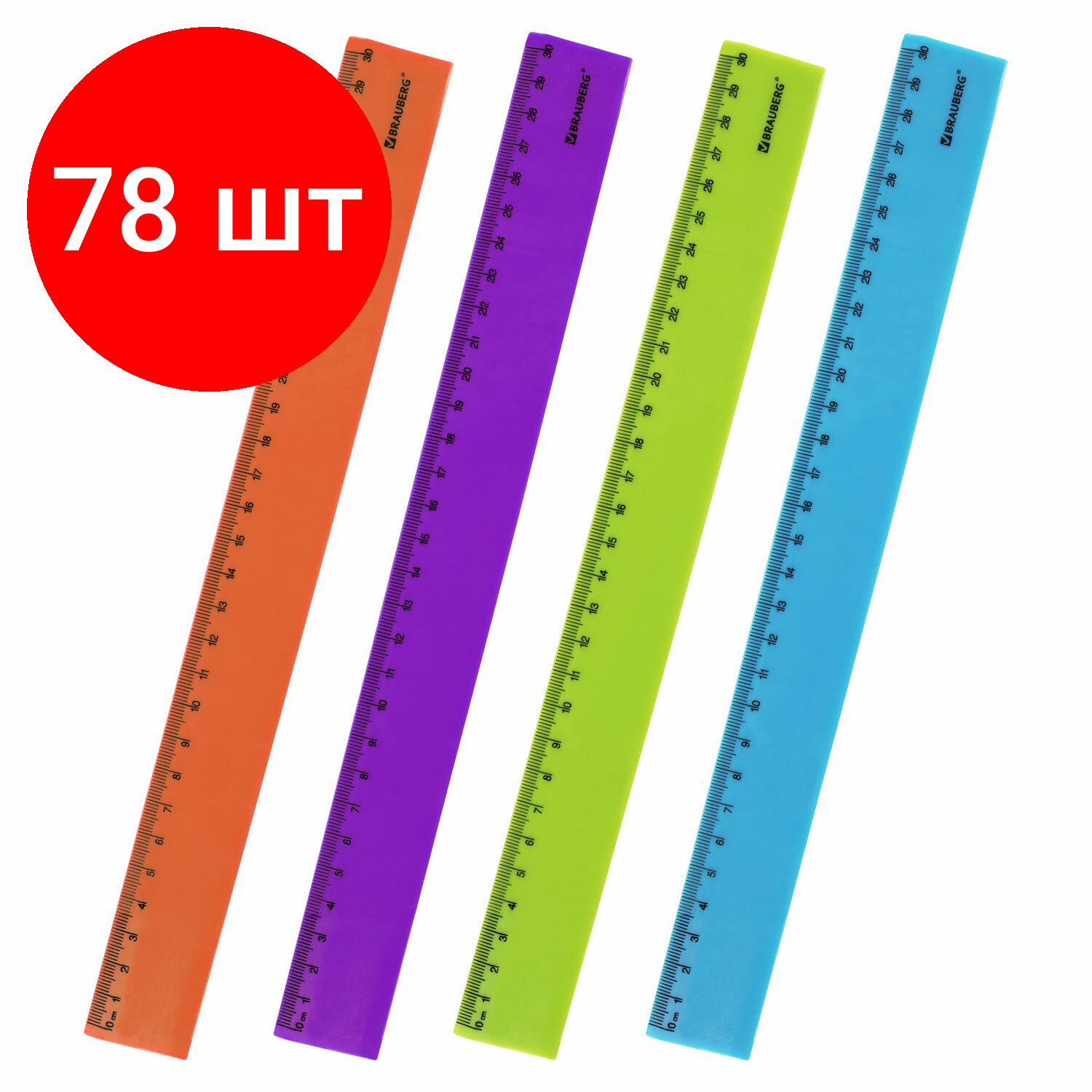 Комплект 78 шт, Линейка пластиковая 30 см BRAUBERG "NEON", непрозрачная, ассорти, 210751