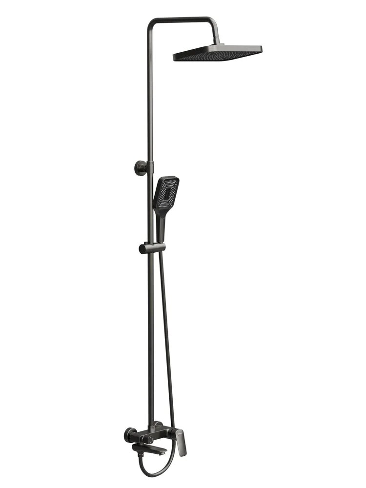 Душевая стойка BelBagno Due DUE-VSCM-GM со смесителем, вороненая сталь, оружейная сталь, матовая, с тропическим душем, с изливом, с лейкой, душевая система, латунная, рычаг сбоку