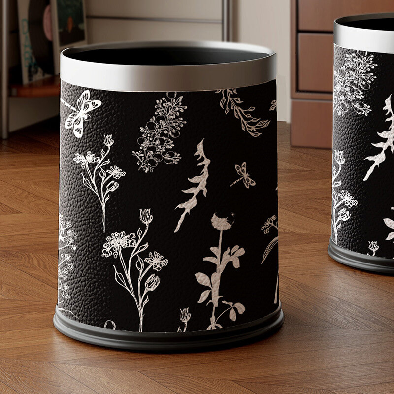 Кожаная мусорная корзина для домашнего использования, винтажный стиль, без крышки, французский ретро дизайн высокого качества, двухслойная корзина для мусора для гостиной, спальни и ванной