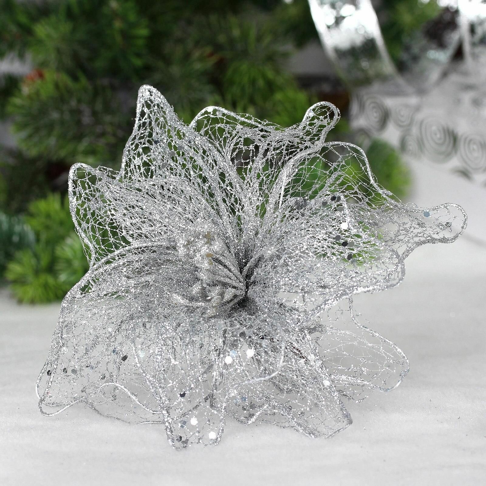 Украшение новогоднее Серпантин Пуансеттия-Лунная ночь, 26 см, серебро