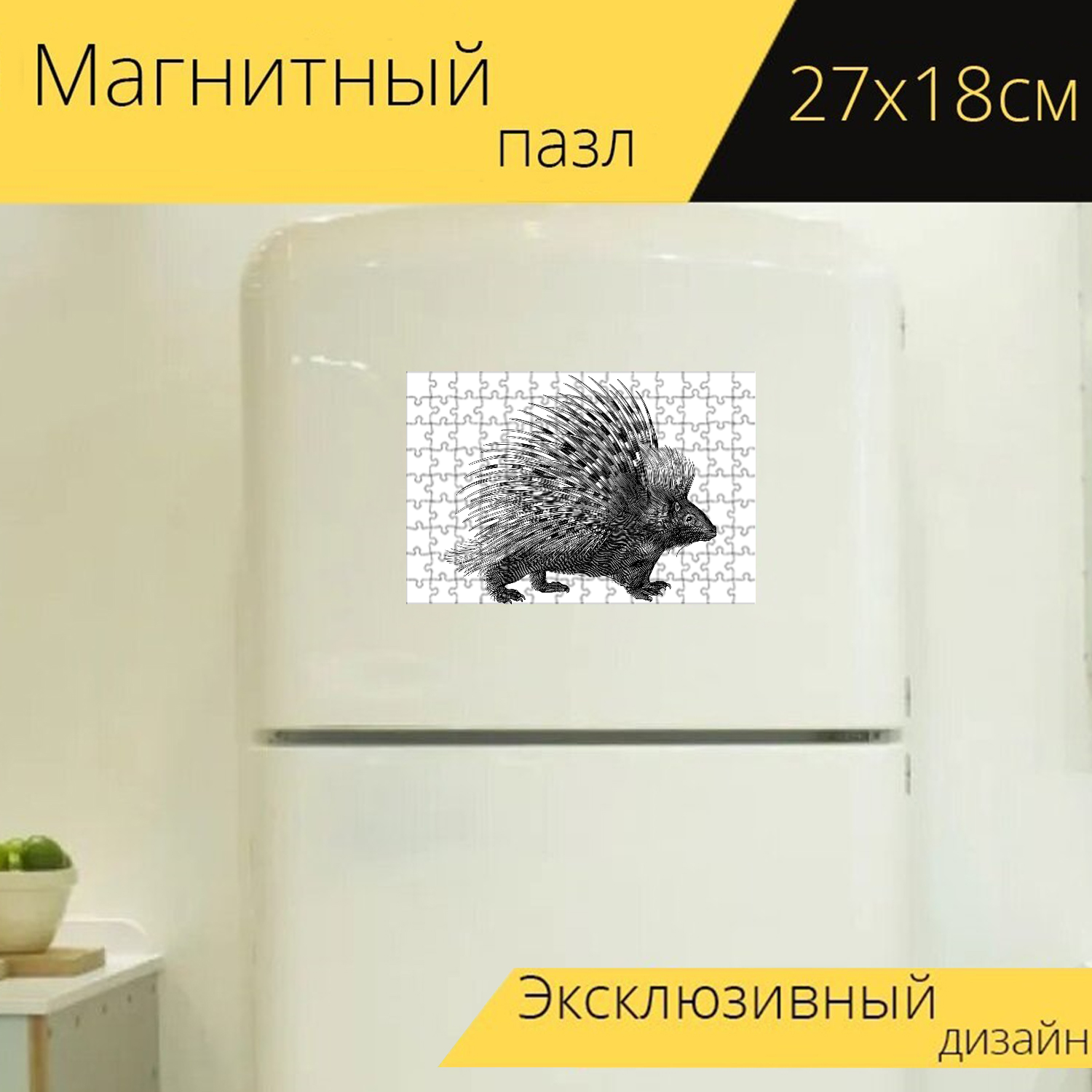 Магнитный пазл "Винтажная иллюстрация дикобраза Дикобраз старинные иллюстрации клипарт рисунок графический файл png стикер вырезать прозрачный фон ." на холодильник 27 x 18 см.