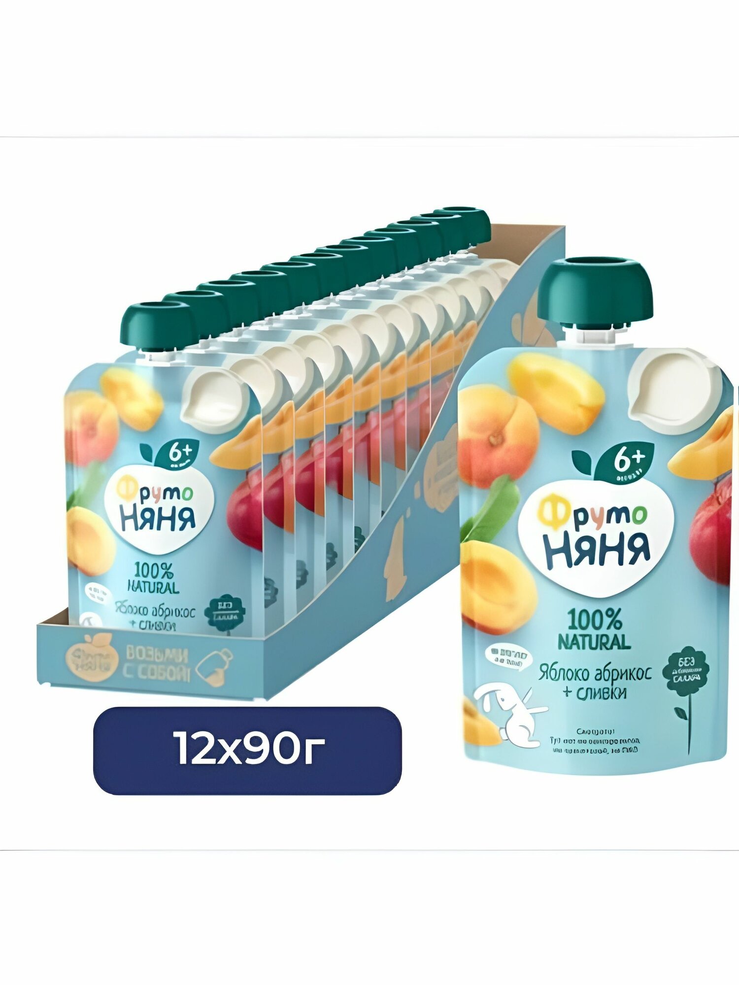 Пюре фруктовое ФрутоНяня с 6 месяцев, яблоко, абрикос и сливки, 90г. Упаковка 12 шт.