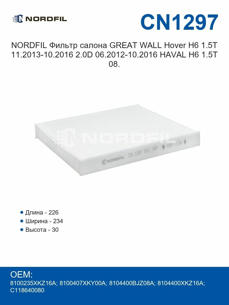 NORDFIL Фильтр салона GREAT WALL Hover H6 1.5T 11.2013-10.2016 2.0D 06.2012-10.2016 HAVAL H6 1.5T 08.