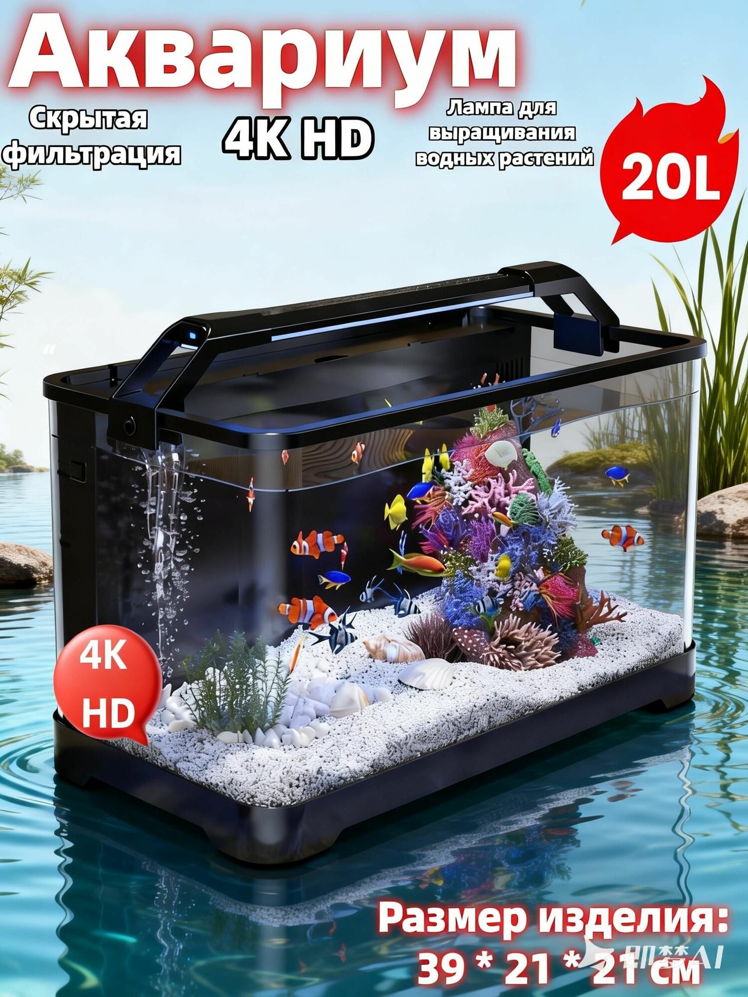 Аквариум для рыбок с подсветкой и фильтром и крышкой 20 литров