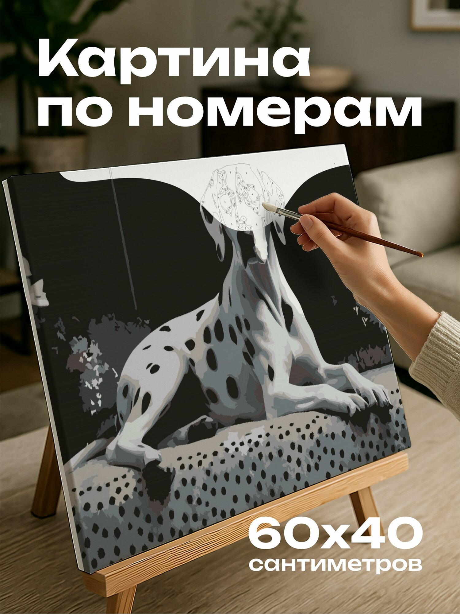 Картина по номерам 60x40 см, черно-белая фотография, далматин, элегантность, красота, комната, мебель, линии, эстетика
