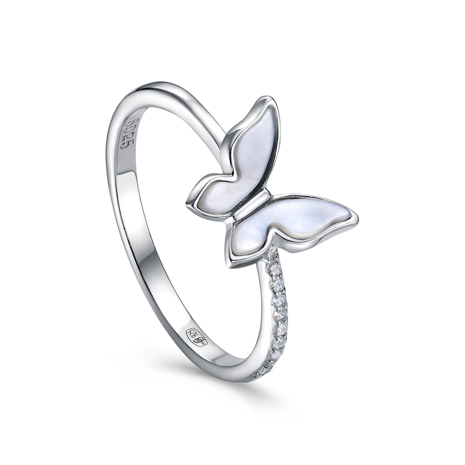 Кольцо тонкое, серебро, 925 проба, перламутр, фианит