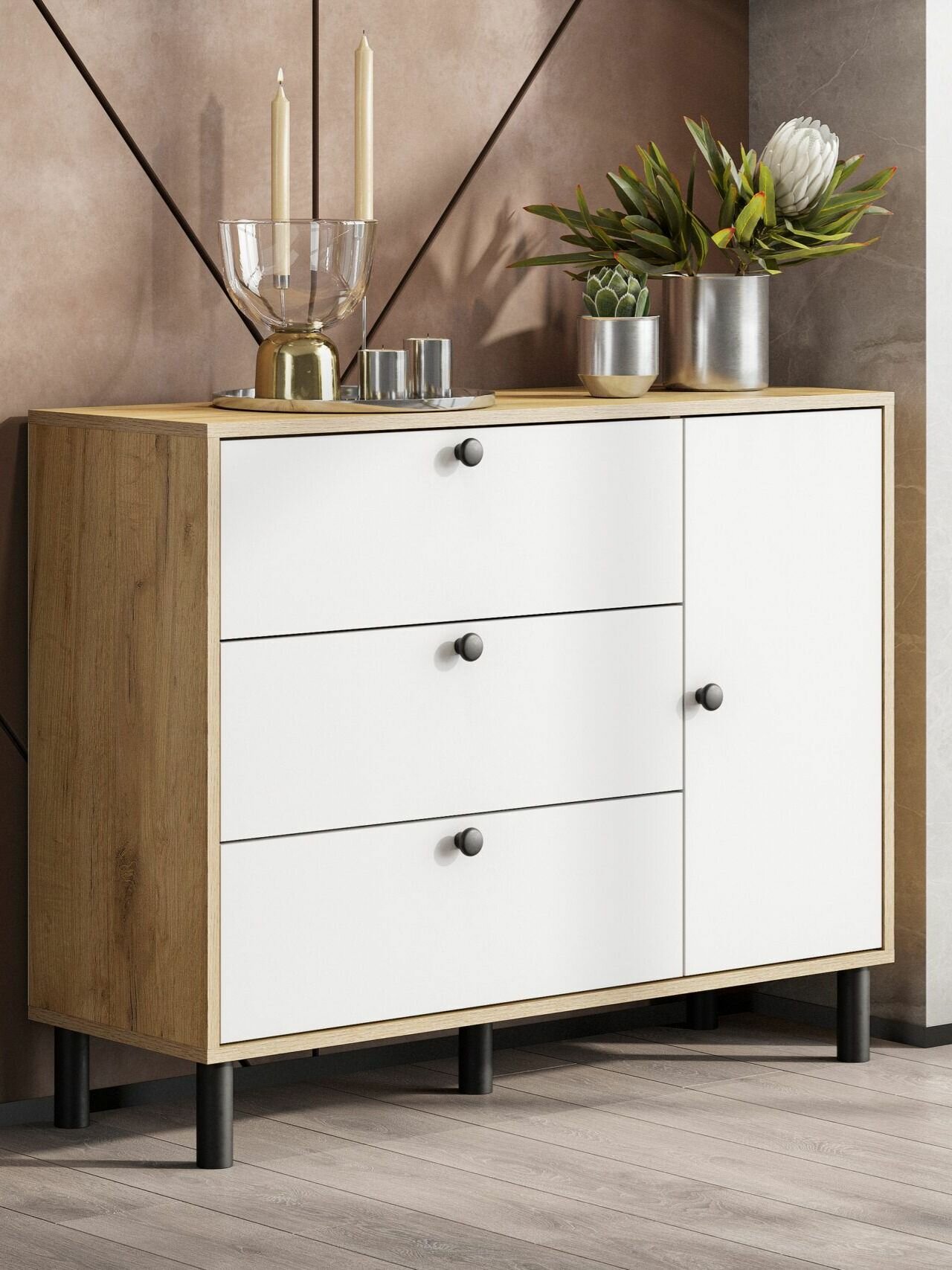 ARNIKA Комод с ящиками для хранения 103см, белый/дуб золотой