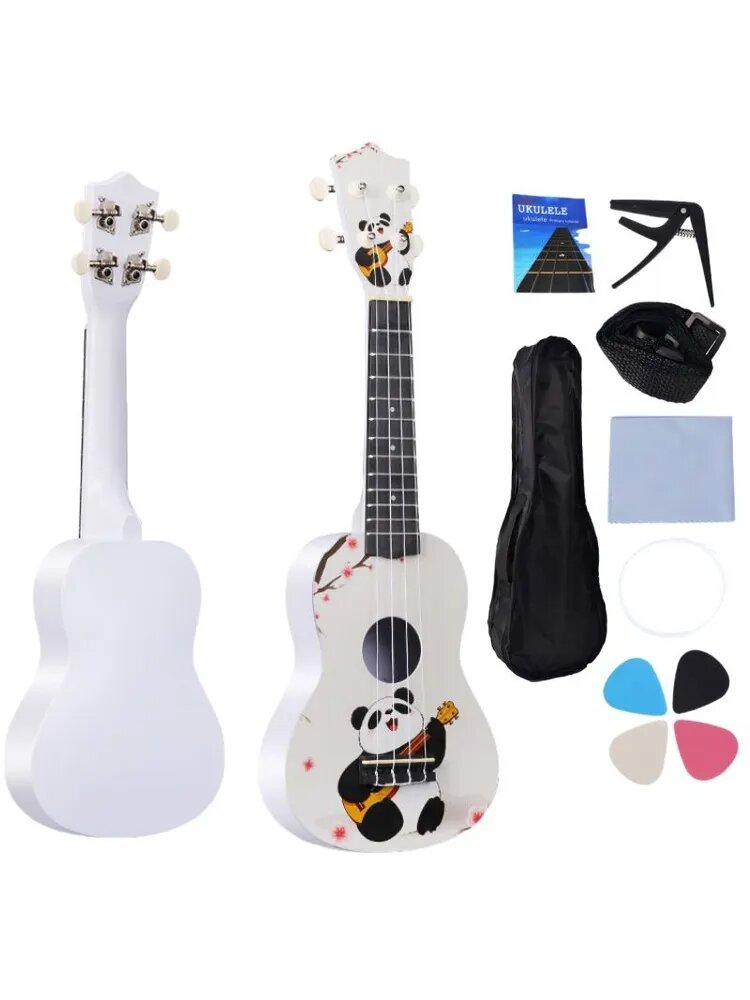 Укулеле детская белого цвета с рисунком панды 21 дюйм для начинающих с чехлом и аксессуарами