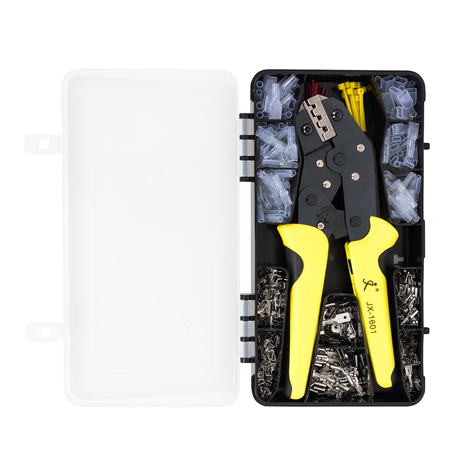 Набор инструментов для калибровки: Ратчетный клещи для калибровки проводов 26-16 AWG, 280 шт. разъемов-штырей (мужских и женских), 140 шт. изоляционных рукавов, 40 шт. кабельных стяжек, желтый цвет, материал стали