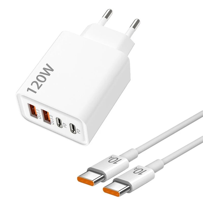 120 Вт 4-портовое зарядное устройство USB типа C, кабель для быстрой зарядки EU--white--1m set