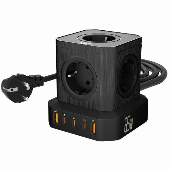 Сетевой фильтр AGNI башня 5 розеток, 2 метра, GaN зарядка, 2 USB +3 Type-C 65 Вт, черный