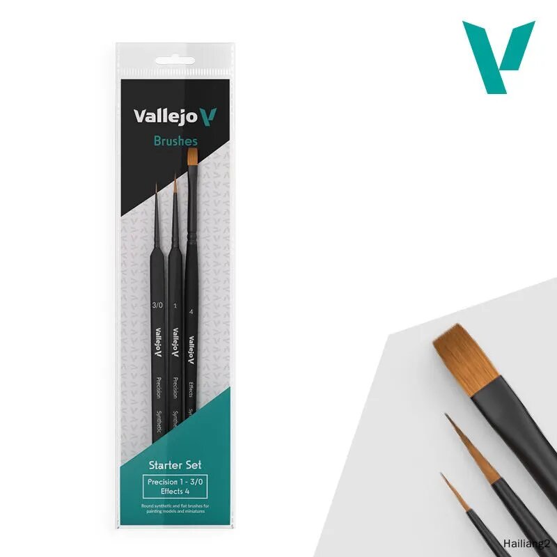 Кисти для моделирования New Vallejo Hobby Brushes-Starter Set (Round No.1 & 3/0 Triangular Handle, Flat No.4, synthetics) B03990
