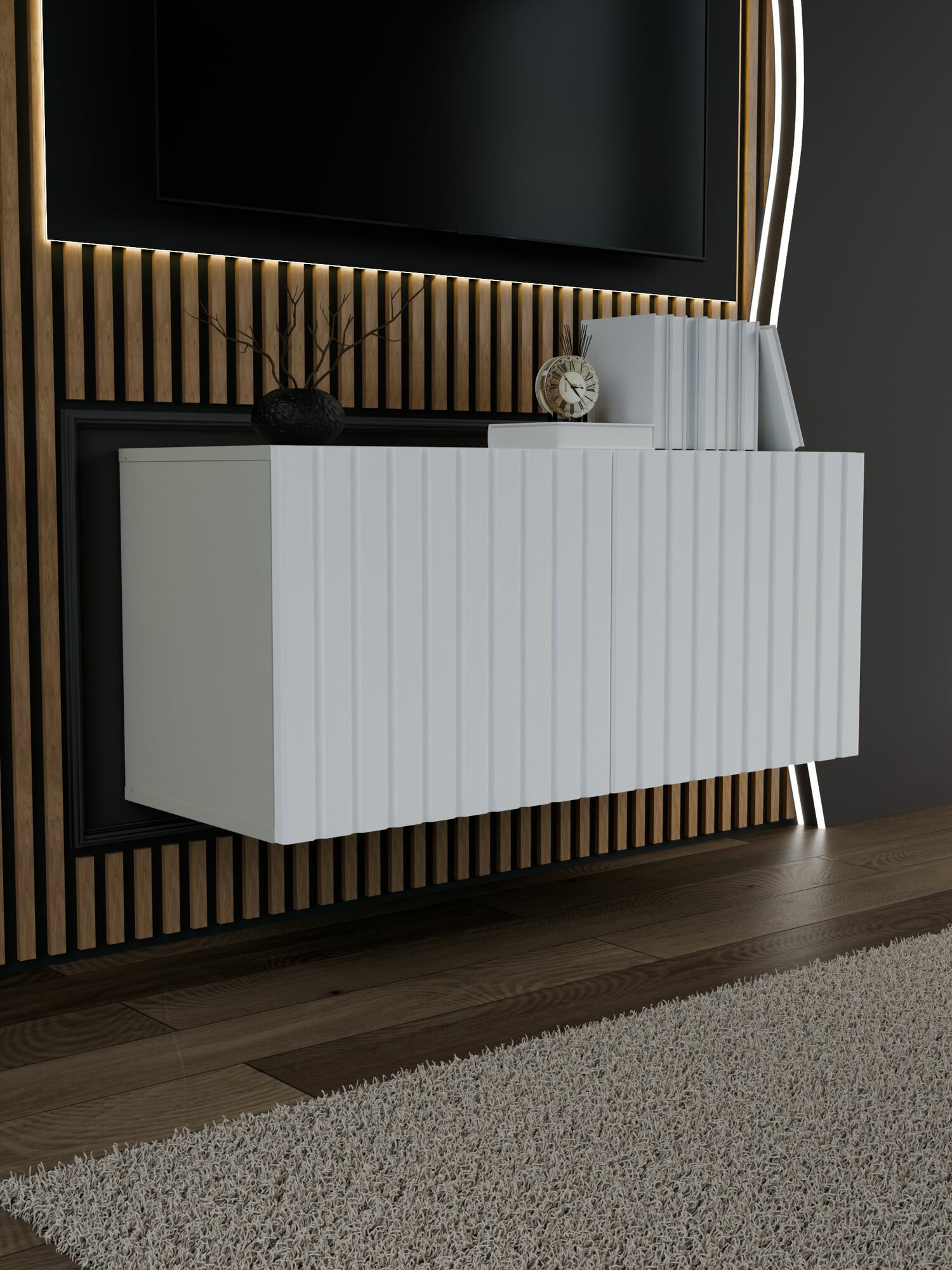 Изумлит Тумба под телевизор Вертикаль 100х44х36.6 см, корпус бежевый/ фасад пленочный белый матовый