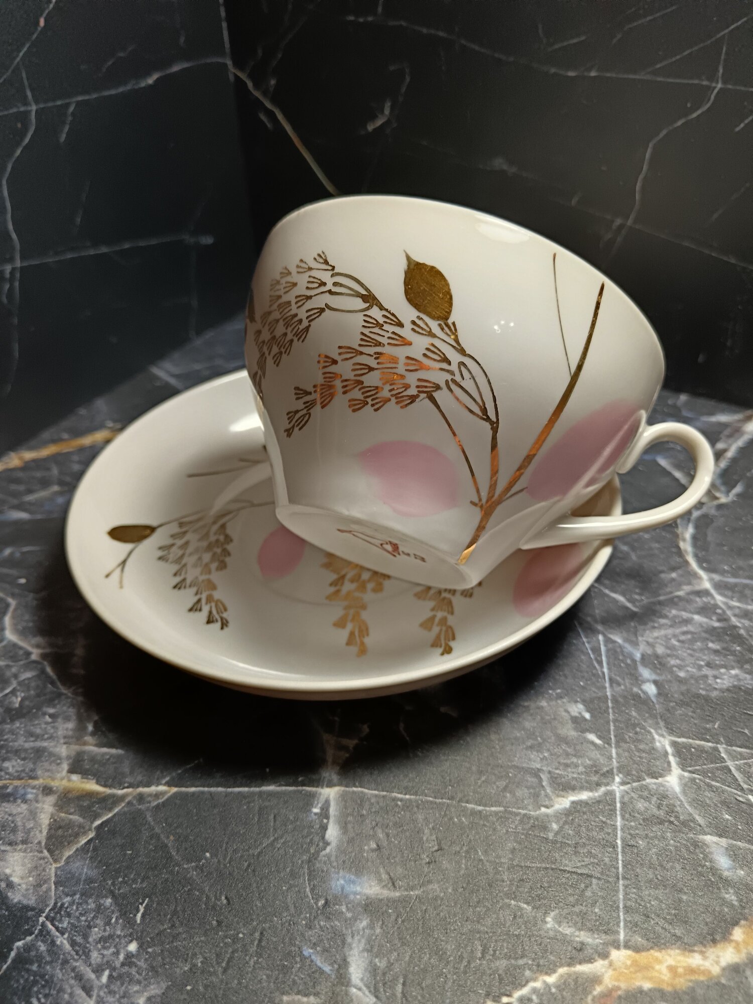 Чайная пара Дулево Розовая мимоза, Золотая ветка, винтаж СССР