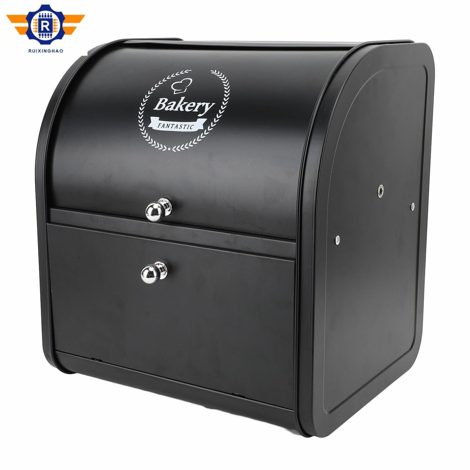 Двухъярусная хлебница с откидной крышкой: черный металлический контейнер для хранения хлеба, многофункциональная, большой объем, для кухонной стойки.