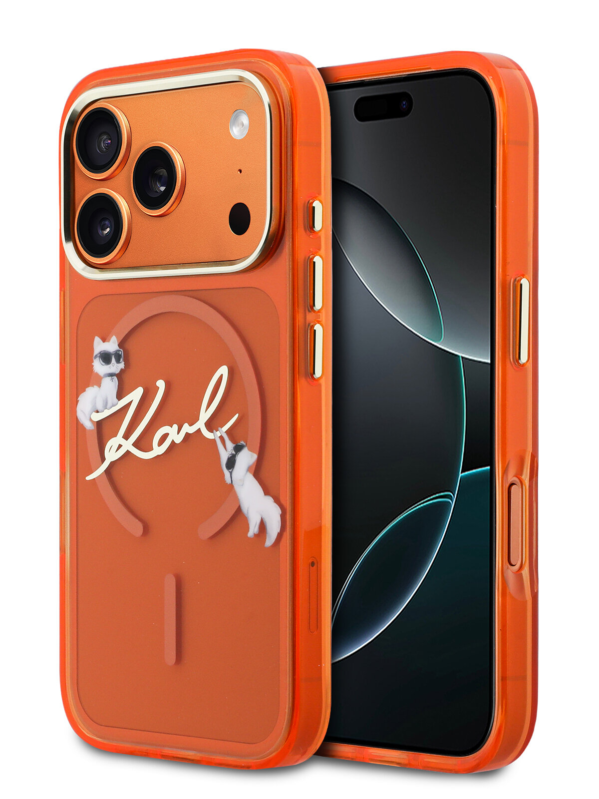 Чехол Karl Lagerfeld на iPhone 17 Pro, с магнитами MagSafe, с принтом IML Choupette, оранжевый